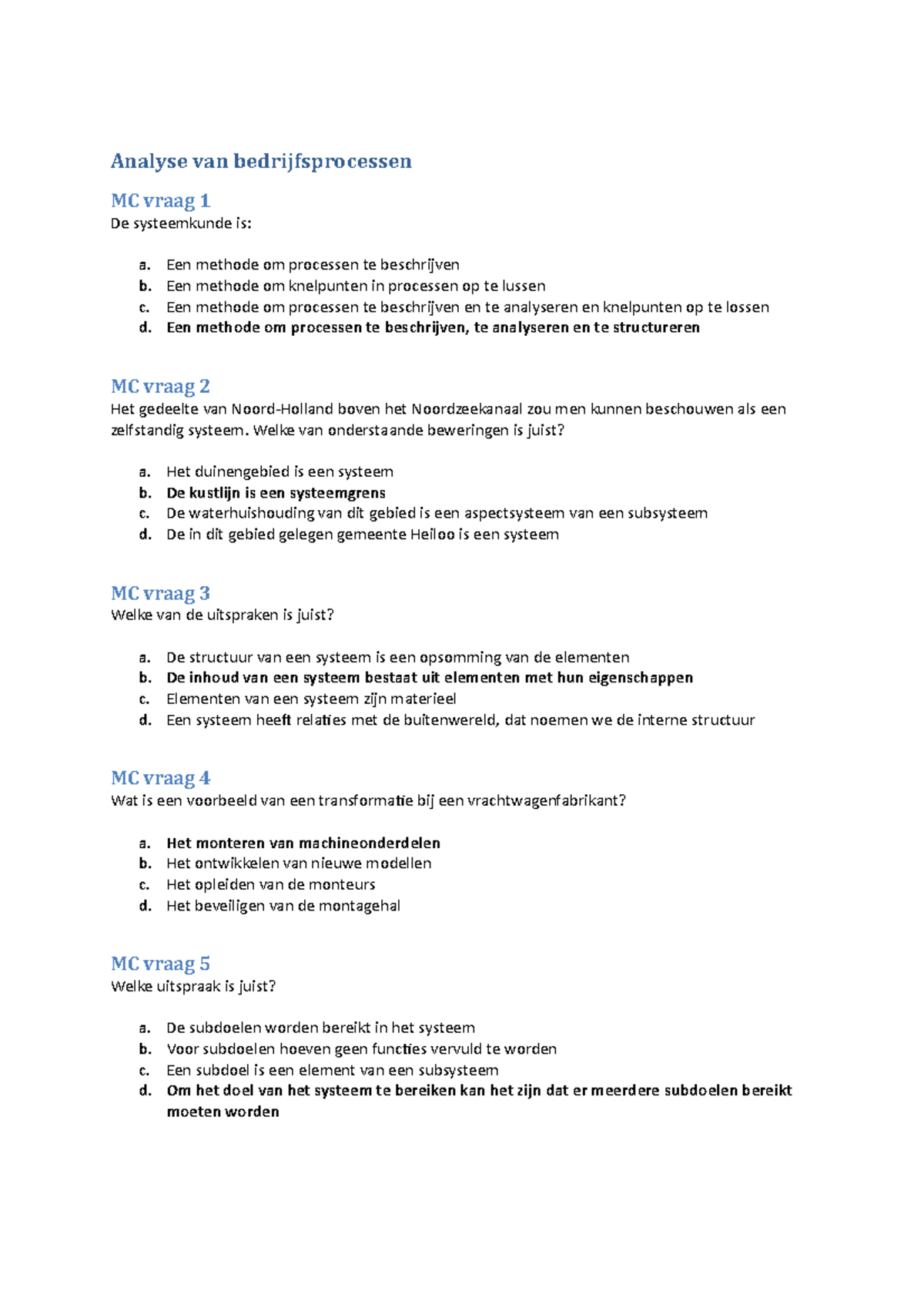 Procesanalyse MC vragen + extra info - Analyse van bedrijfsprocessen MC ...