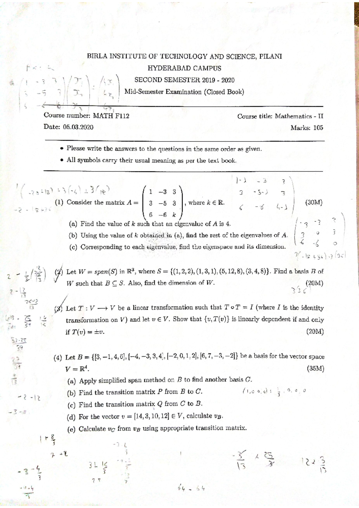 M2 midsem sem 2 2019-20 - ㅤQP - BIRLA INSTITUTE OF TECHNOLOGY AND SCIENCE, PILANI tx HYDERABAD ...