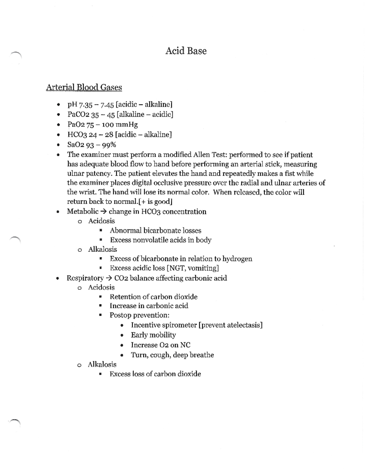 T2 Acid Base - Acid Base Notes - Acid Base Arterial Blood Gases pH 7 7 ...