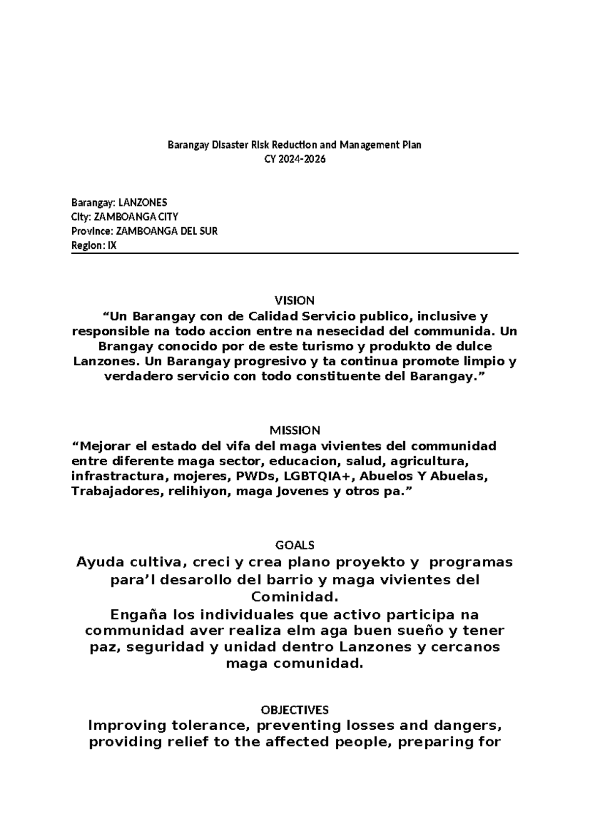 Bdrrmc - Barangay Disaster Risk Reduction and Management Plan CY 2024 ...