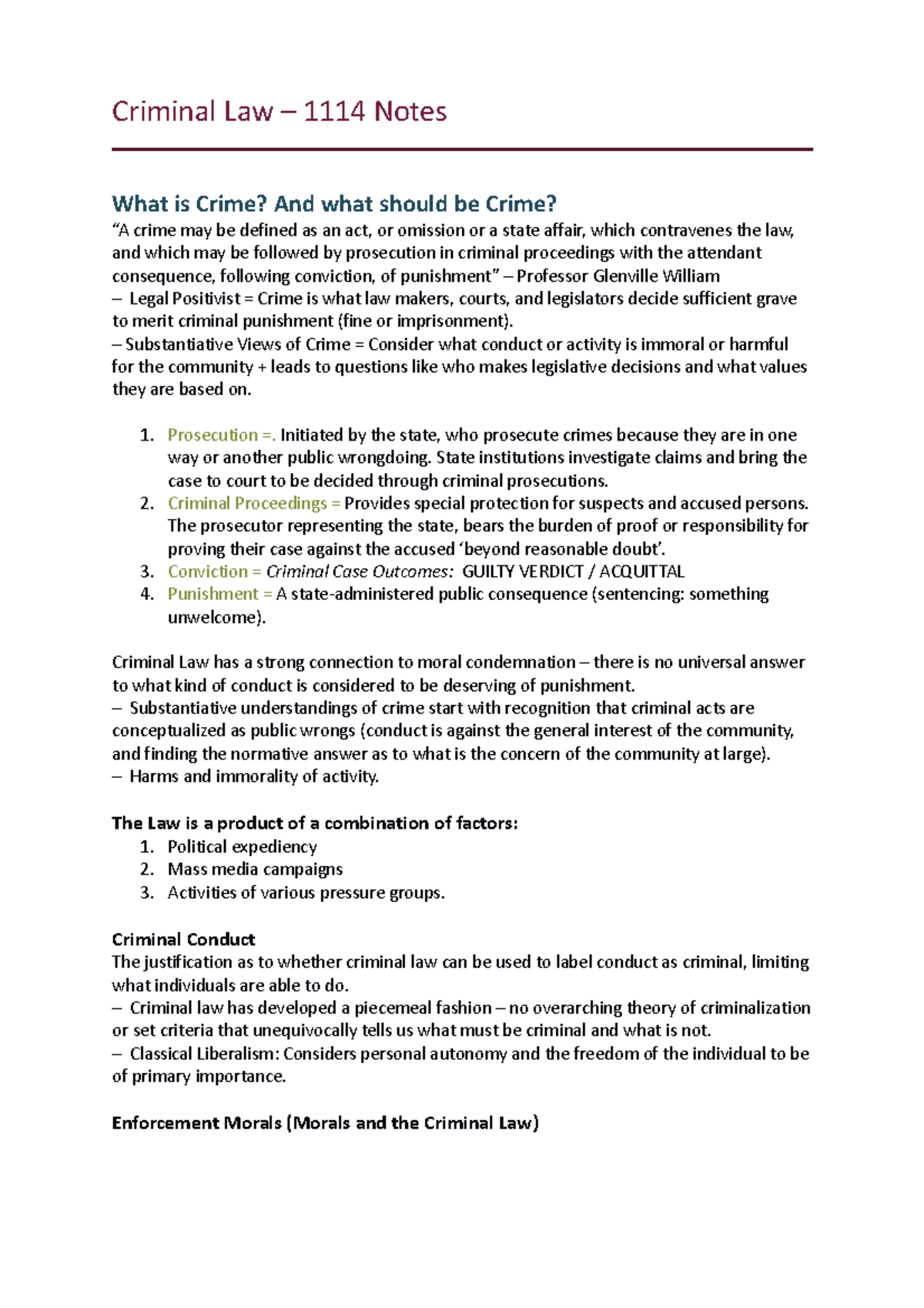 Criminal Law - 1114 Notes - Criminal Law – 1114 Notes What is Crime ...