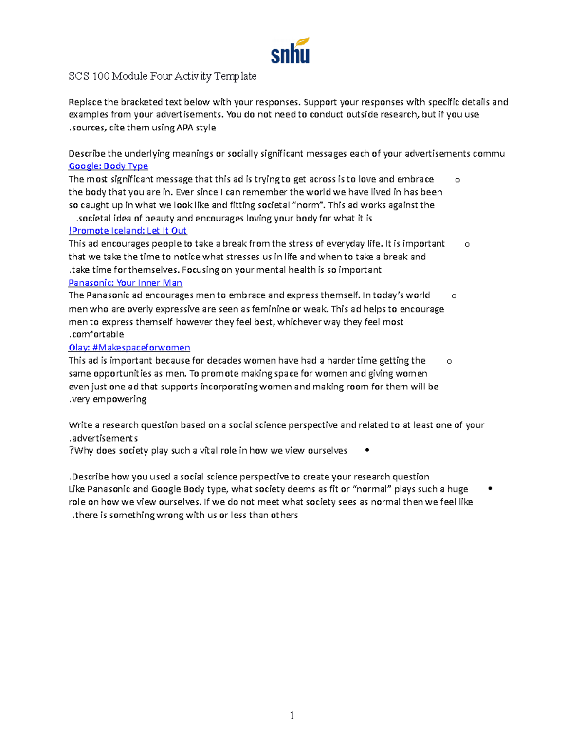 SCS 100 Module Four Activity Template - SCS 100 - SNHU - Studocu