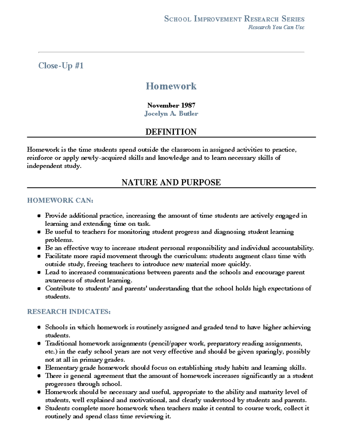 Homework - test - SCHOOL IMPROVEMENT RESEARCH SERIES Research You Can ...