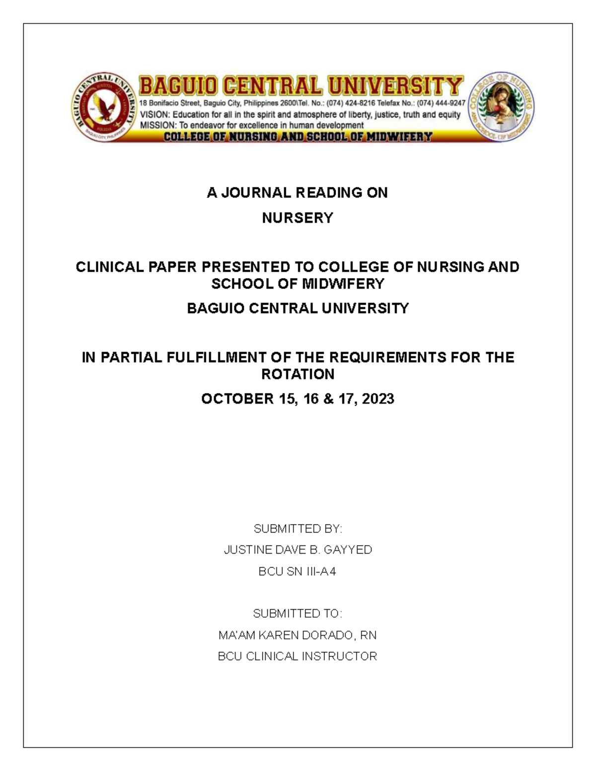 Nursery- Journal - CLINICAL PAPER PRESENTED TO COLLEGE OF NURSING AND ...