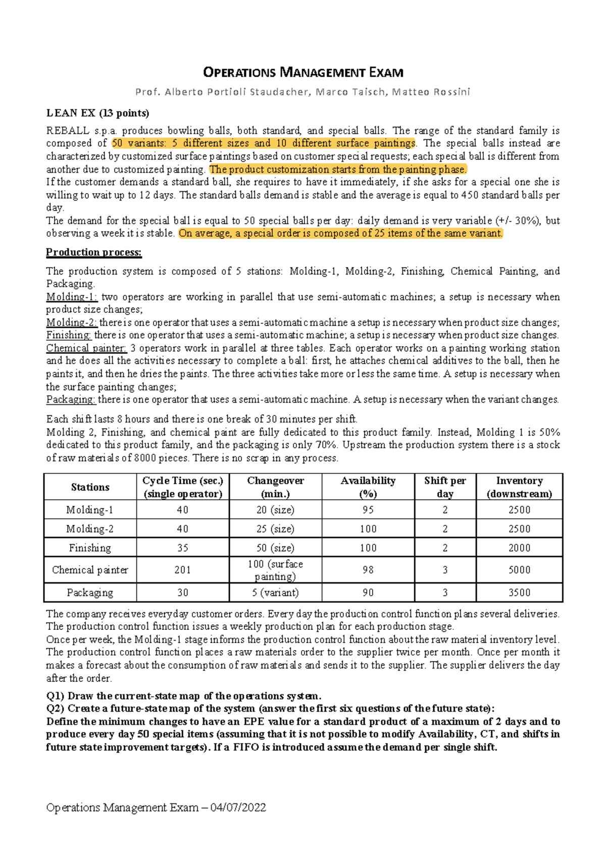 Lean management-Exam Simulation - Operations Management Exam – 04/07/ OPERATIONS MANAGEMENT EXAM ...