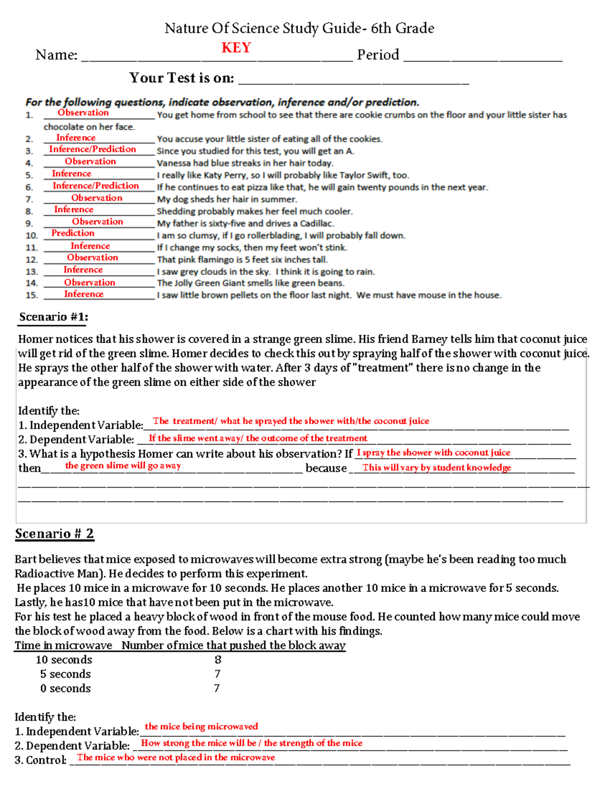 Nosstudyguide 6th Grade KEY 2024 - Scenario #1: Homer notices that his ...