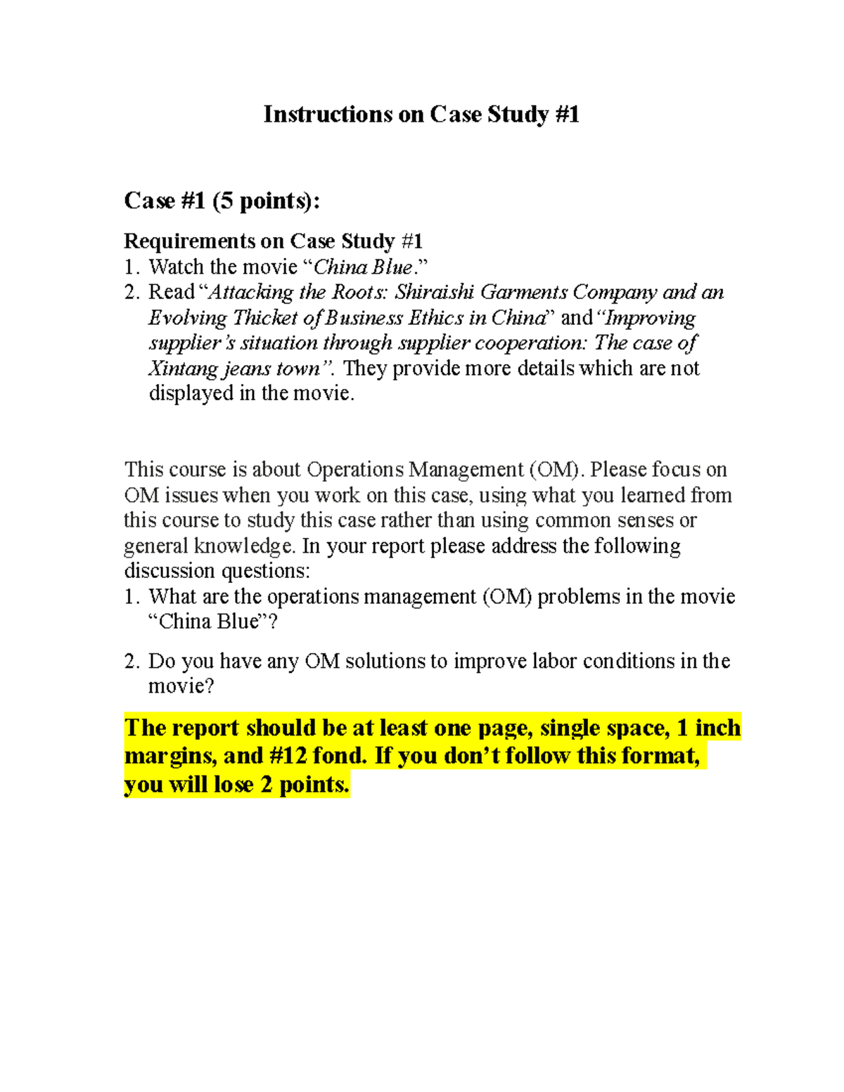 Instruction of Case Study #1 - Instructions on Case Study Case #1 (5 ...