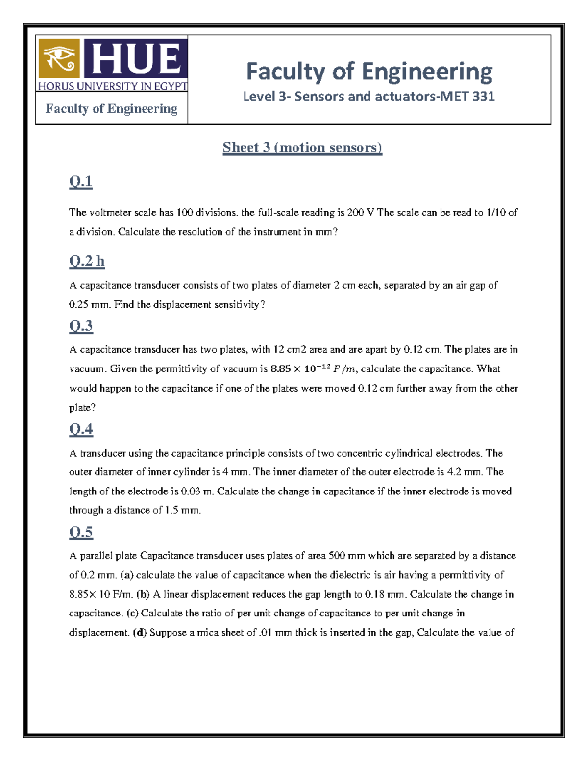 Sheet 3 - Faculty of Engineering Level 3- Sensors and actuators-MET 331 ...