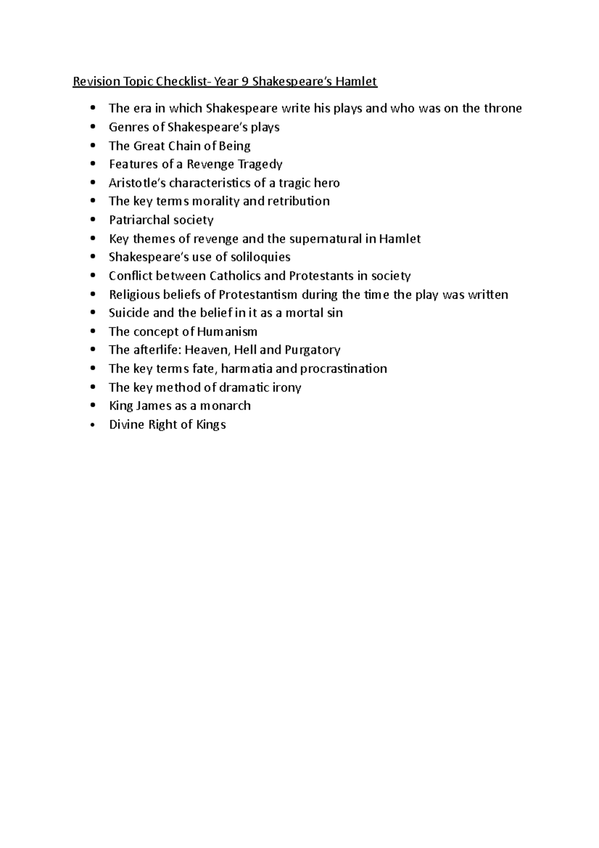 Revision Topic Checklist Year 9 Hamlet - Revision Topic Checklist- Year ...
