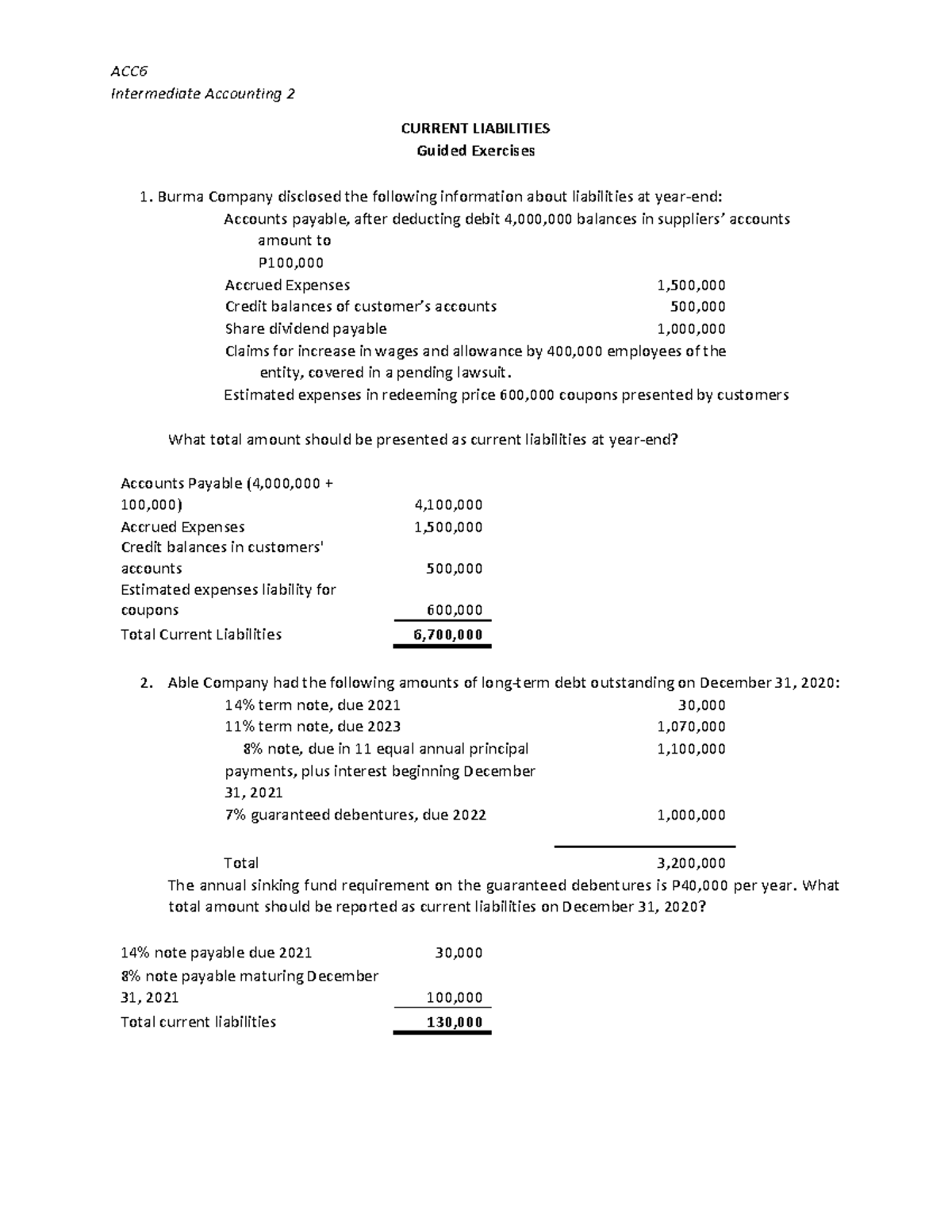 Guided Exercises 1 With Solution Current Liabilities Acc
