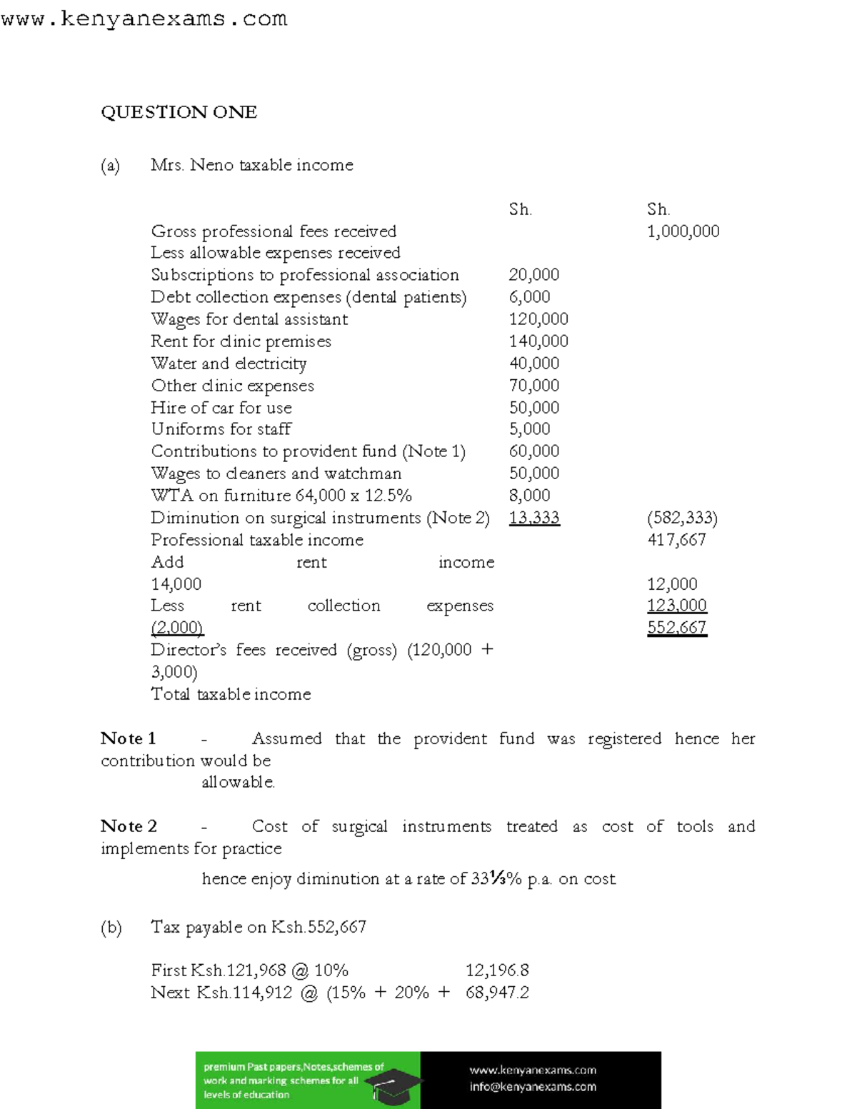 CPA taxation part 1 section 3 answers - QUESTION ONE (a) Mrs. Neno ...