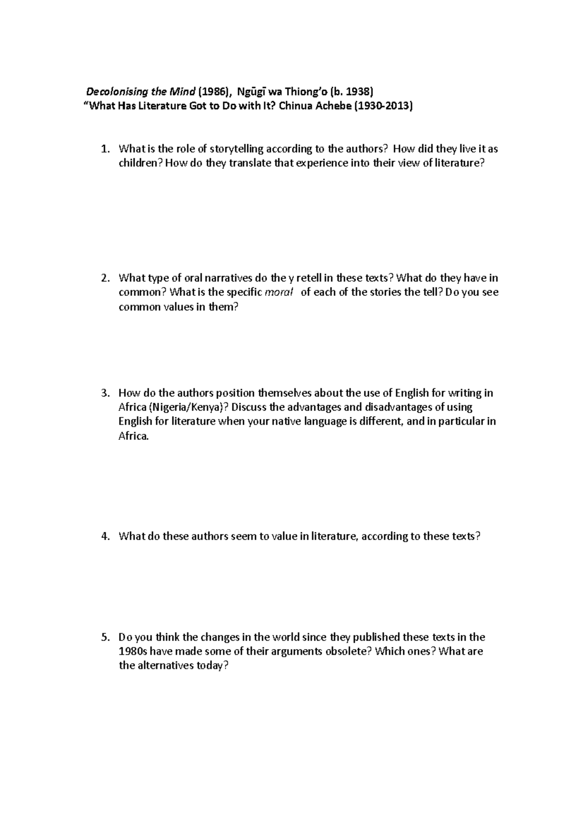 Achebe Ngugi worksheet - Decolonising the Mind (1986), Ngūgī wa Thiong ...