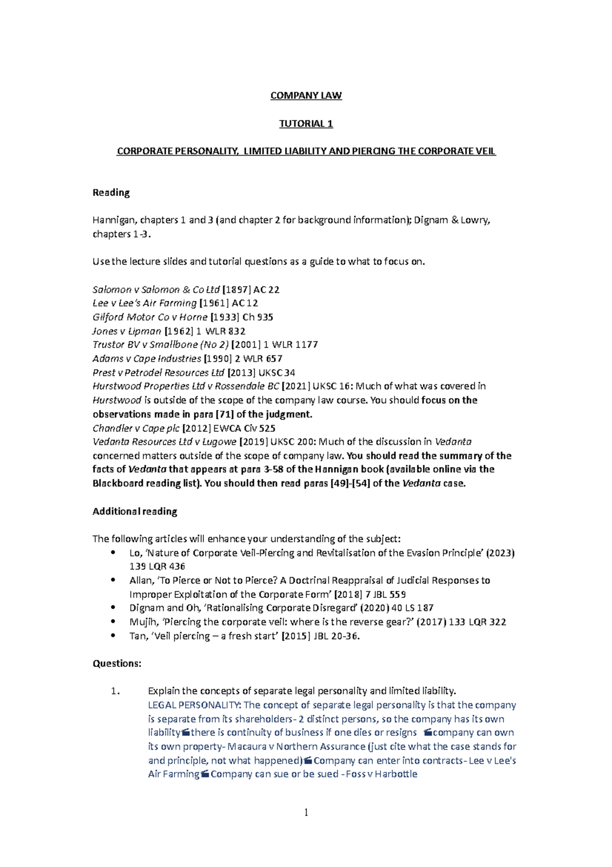 Company law tutorial 1 - COMPANY LAW TUTORIAL 1 CORPORATE PERSONALITY ...