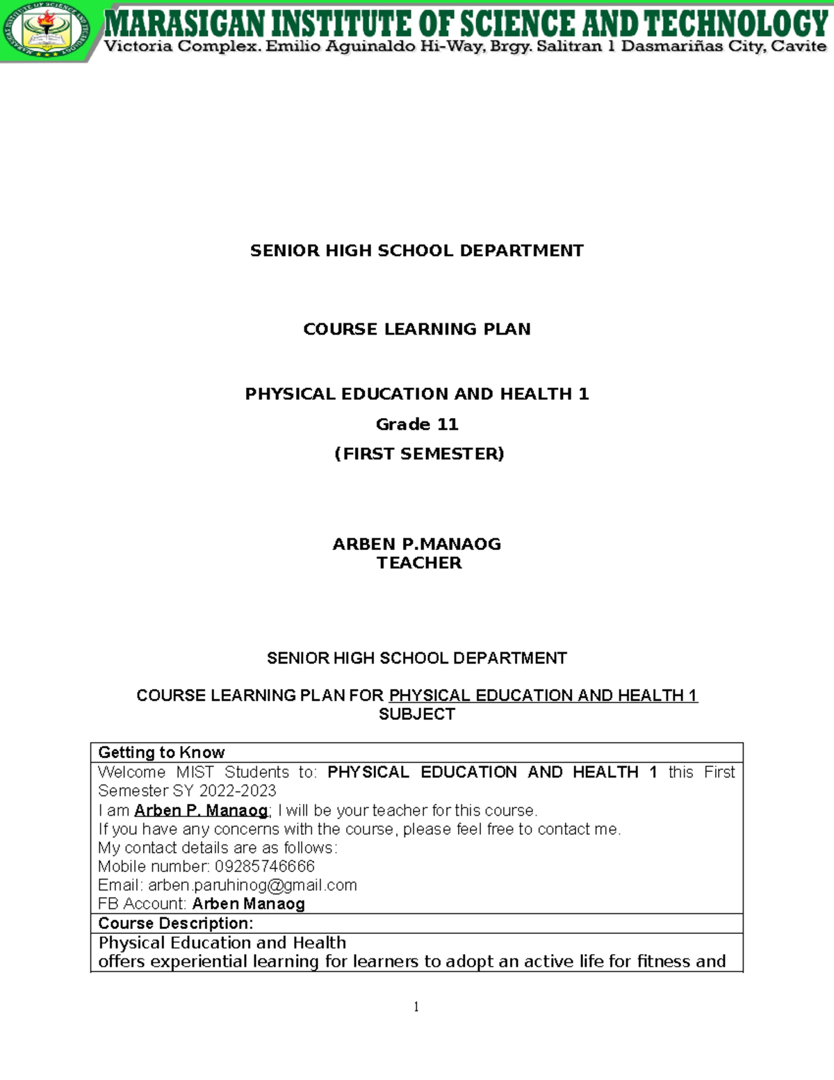 Module-PEH-1 - Helpful for SHS - SENIOR HIGH SCHOOL DEPARTMENT COURSE ...