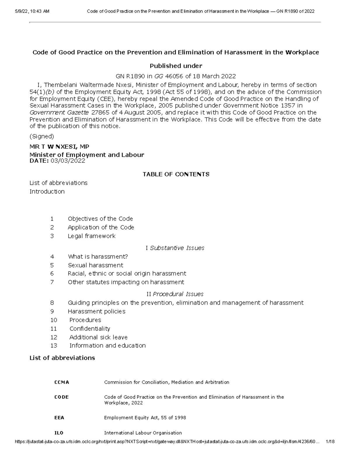 Code of Good Practice on the Prevention and Elimination of Harassment ...