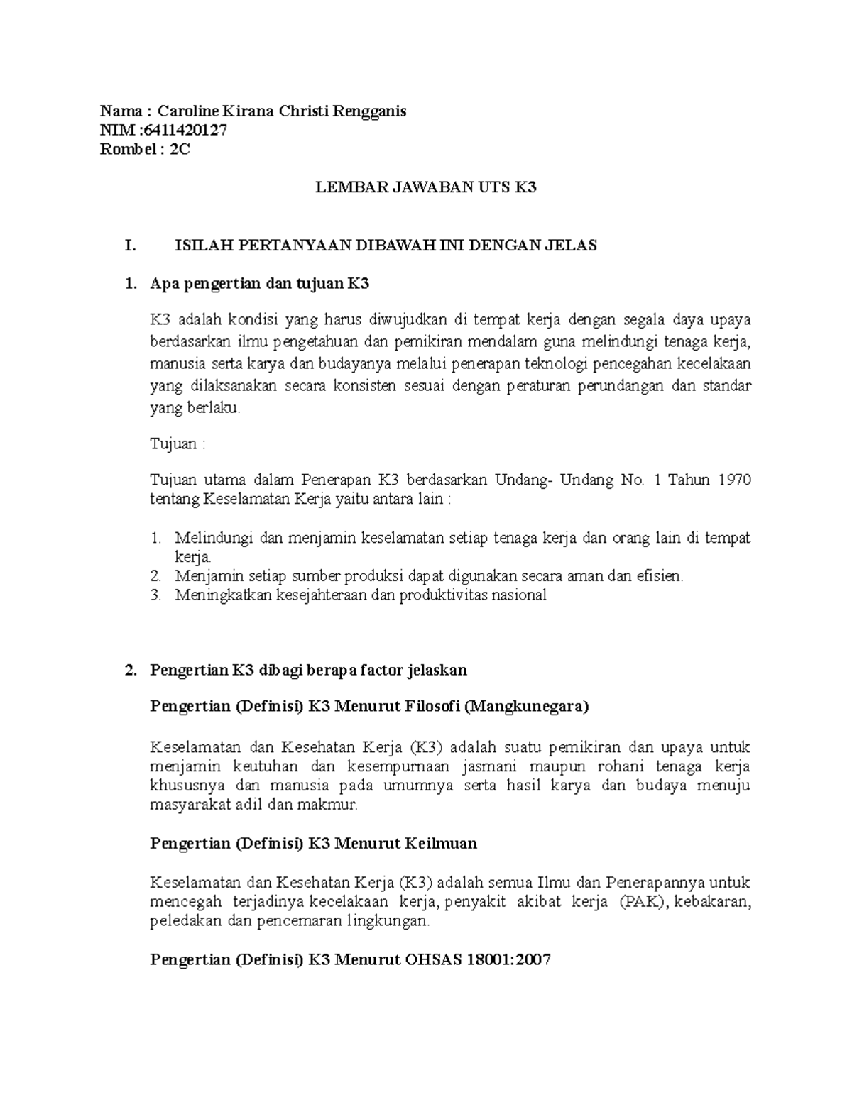 UTS K3 semester 2 doc word - Nama : Caroline Kirana Christi Rengganis ...