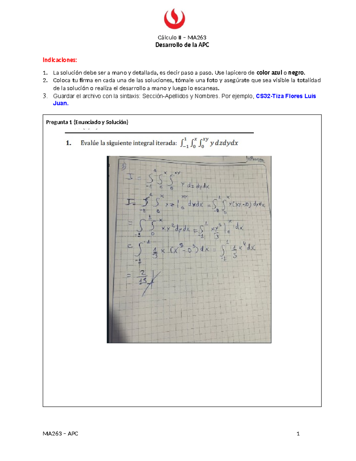 MA263 Plantilla - Desarrollo de la APC - Cálculo II – MA Desarrollo de la APC Indicaciones: 1 ...