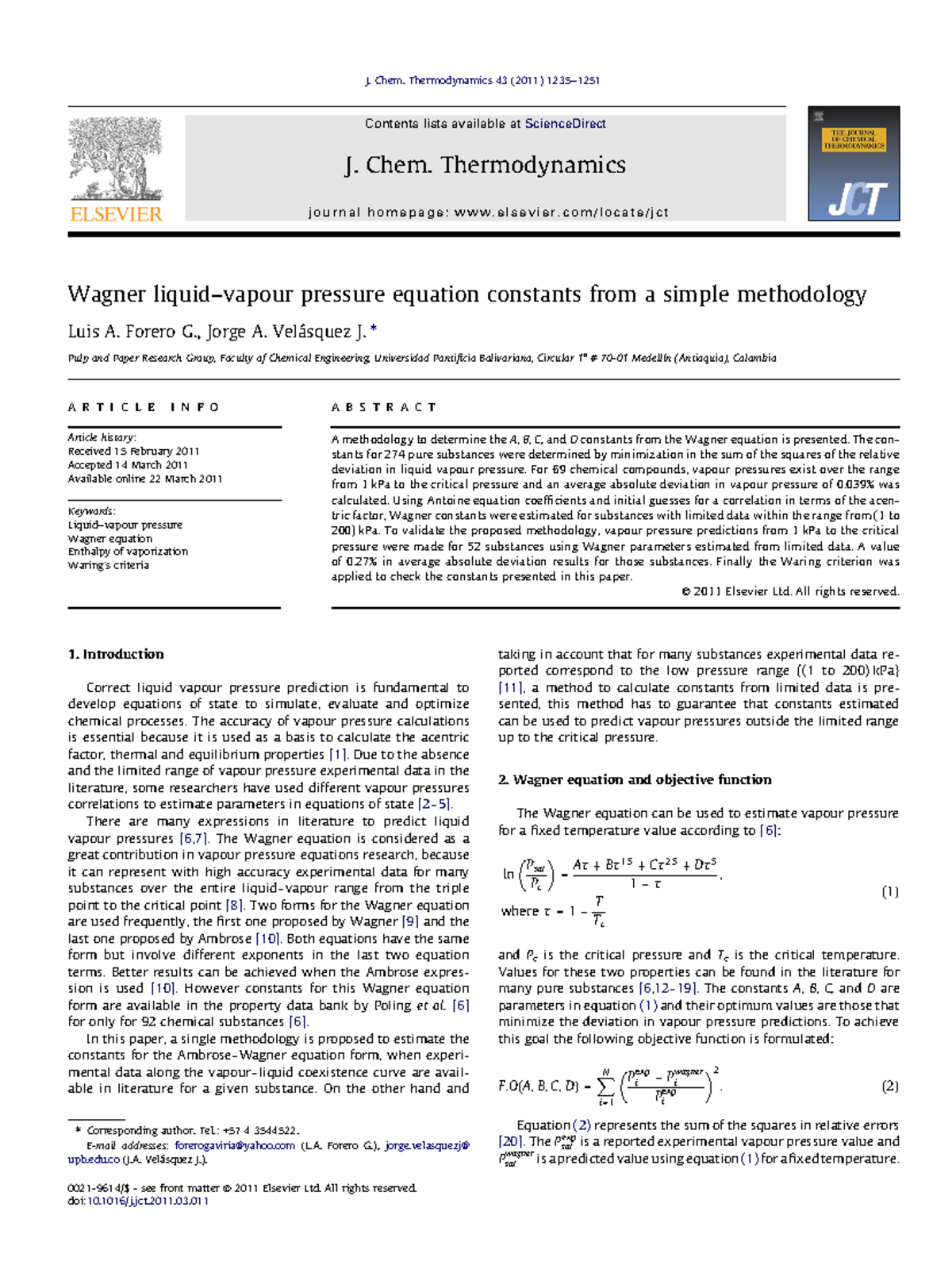 Wagner equation - Wagner liquid–vapour pressure equation constants from ...