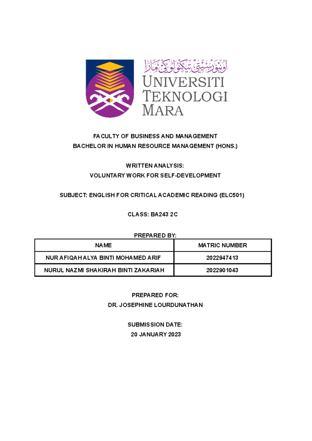 ELC501 Written Analysis - FACULTY OF BUSINESS AND MANAGEMENT BACHELOR ...