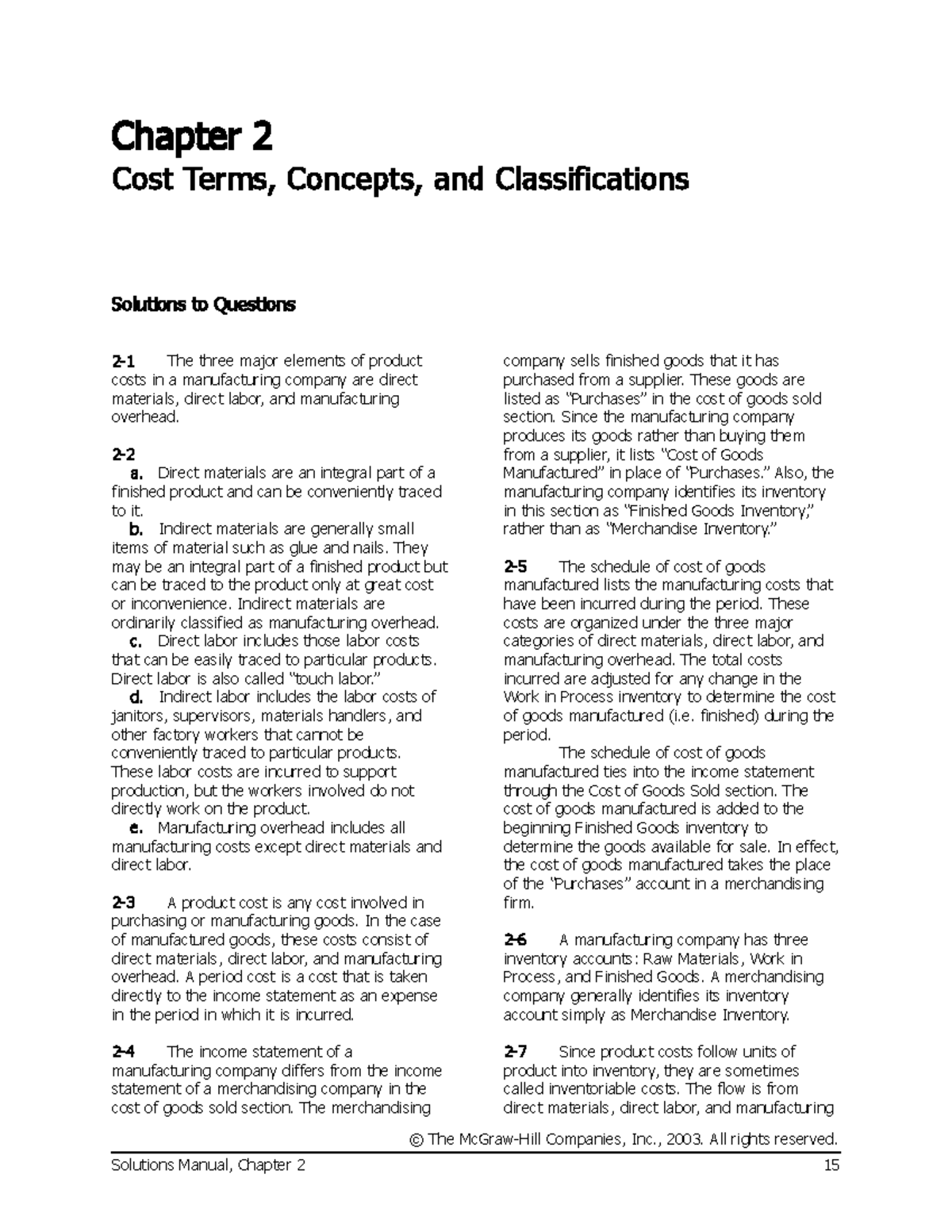 Exam 10 November 2011, answers - Chapter 2 Cost Terms, Concepts, and ...