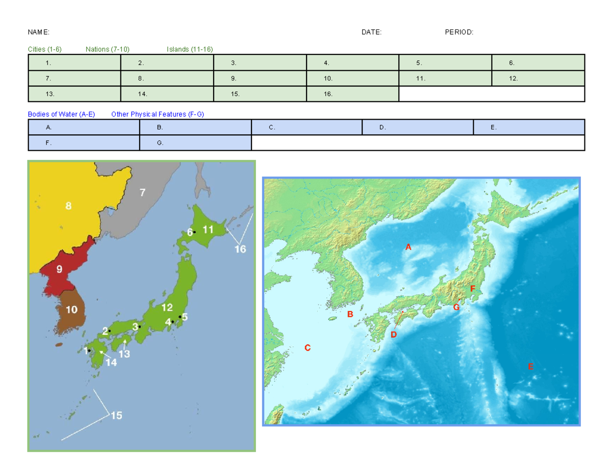 Copy of Copy of Japan Map Handout - NAME: DATE: PERIOD: Cities (1-6 ...