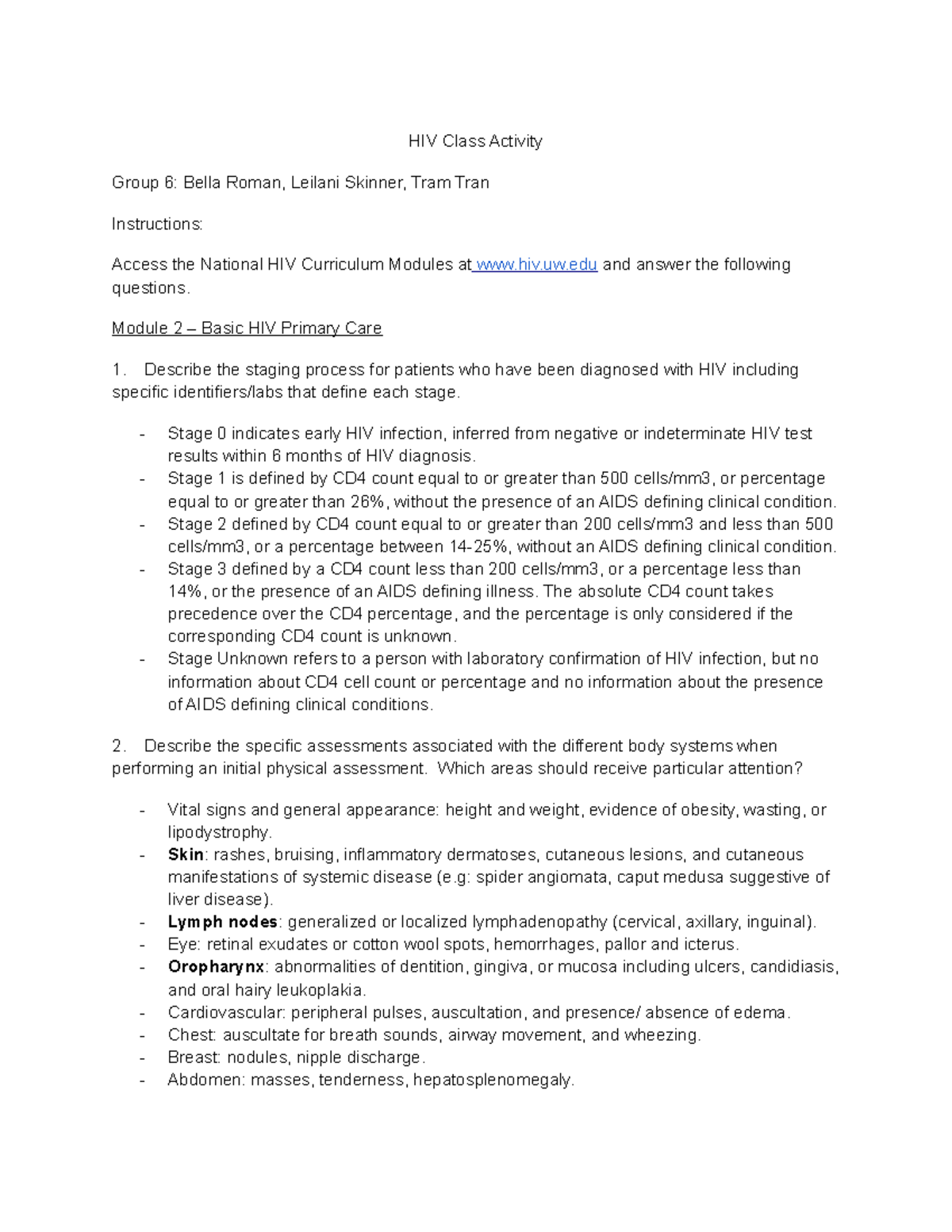 HIV Class Activity - Assignment - HIV Class Activity Group 6: Bella ...