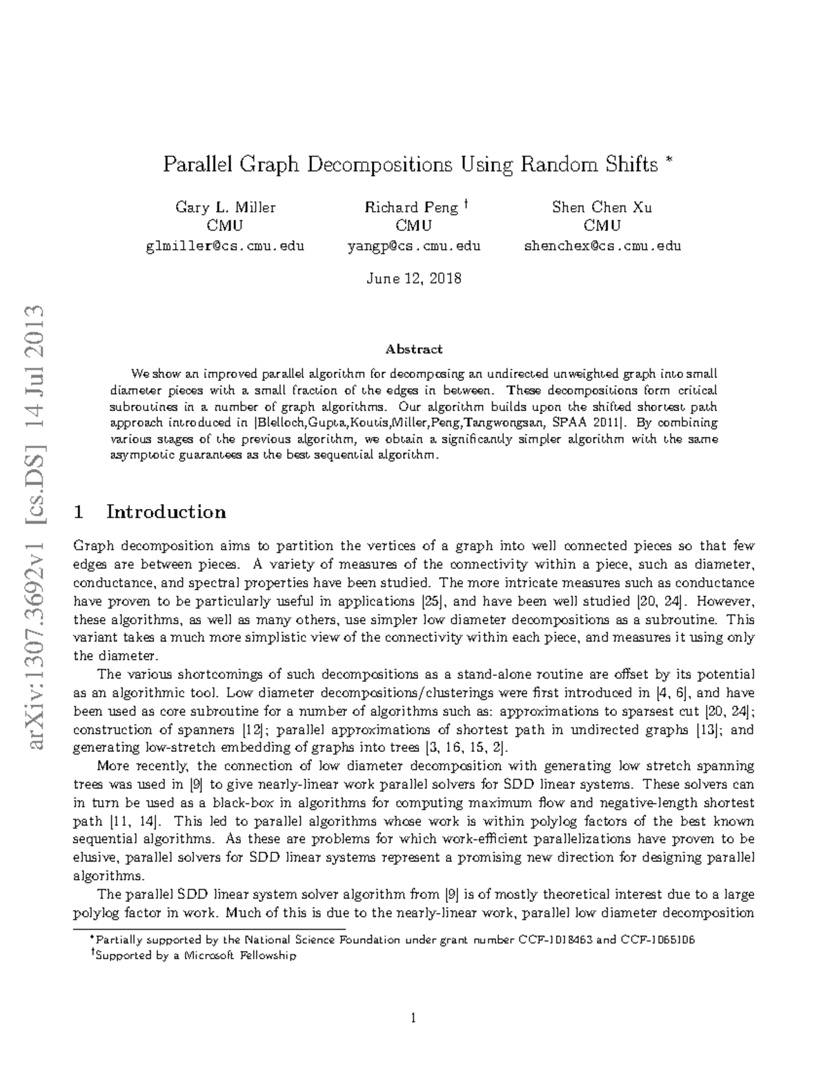 1307 - Prof is Naveen Garg - Parallel Graph Decompositions Using Random Shifts ∗ Gary L. Miller ...