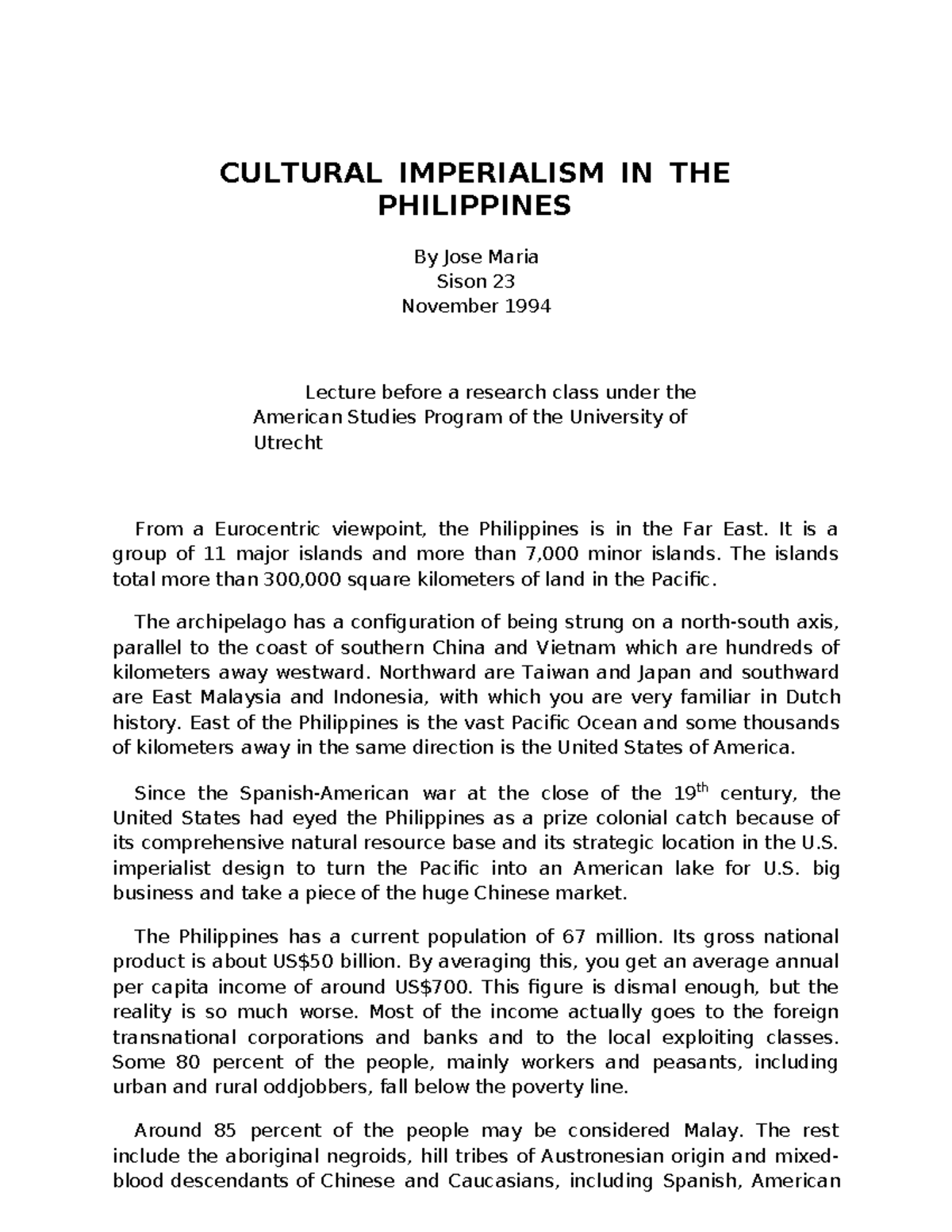 Cultural Imperialism - CULTURAL IMPERIALISM IN THE PHILIPPINES By Jose ...