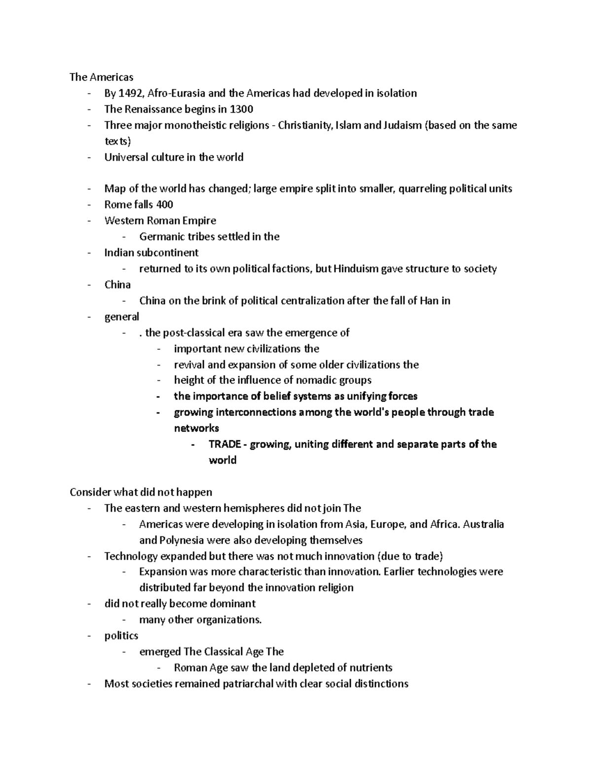 Lecture notes on the Americas - The Americas - By 1492, Afro-Eurasia ...