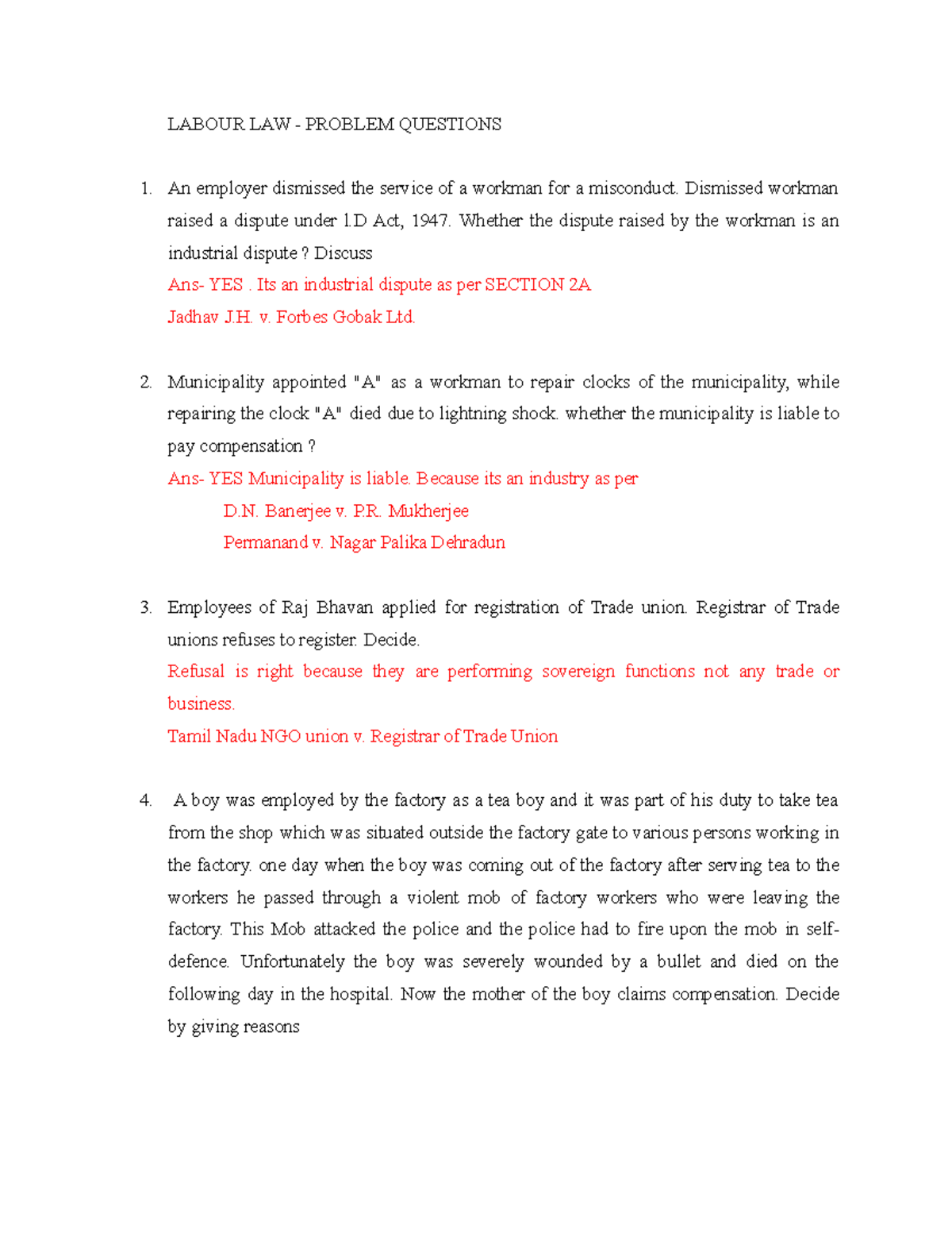 Labour LAW - Problem Questions - LABOUR LAW - PROBLEM QUESTIONS An ...