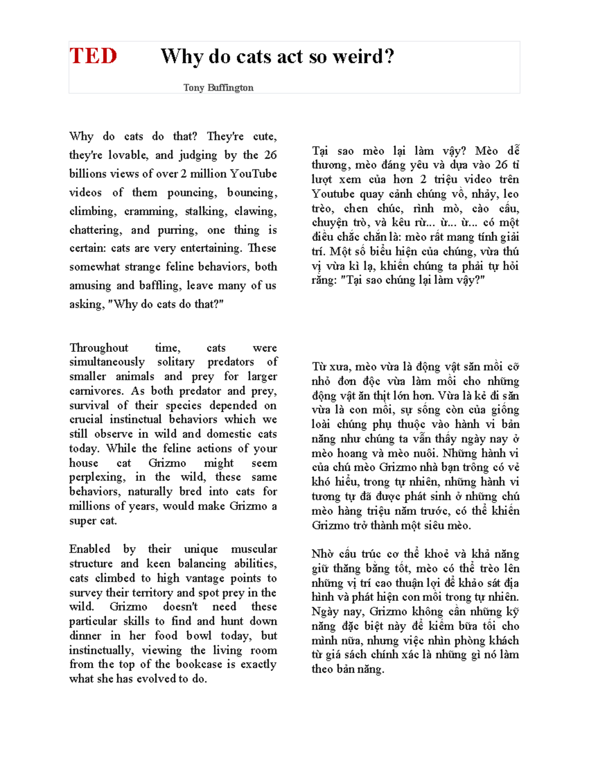 Ted-1 - note - TED Why do cats act so weird? Tony Buffington Why do ...