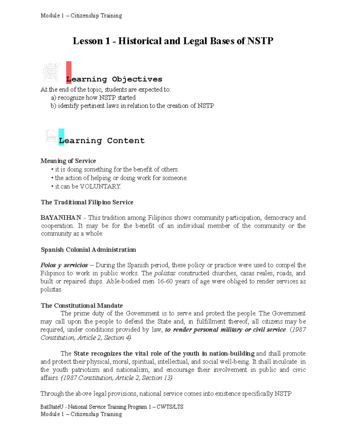 NSTP-Module-2023 - CWTS lecture module - Module 1 – Citizenship Training Lesson 1 - Historical ...