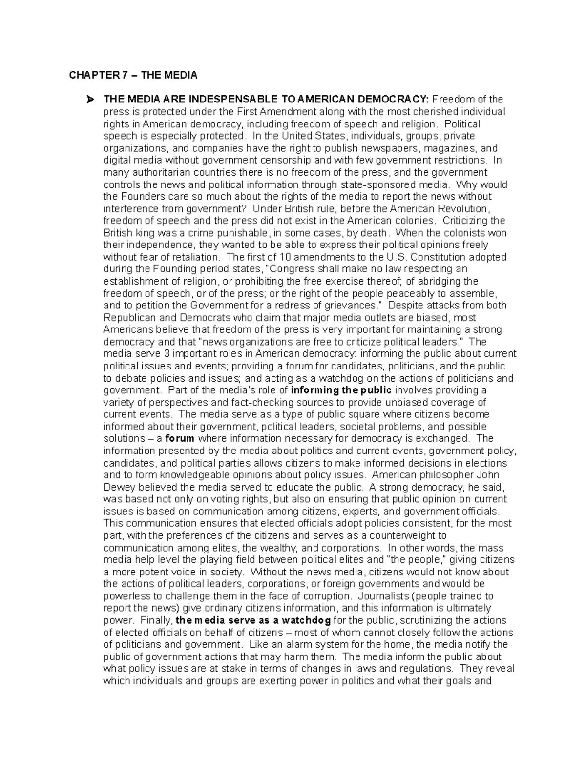 Chapter 7 Notes - CHAPTER 7 – THE MEDIA THE MEDIA ARE INDESPENSABLE TO ...