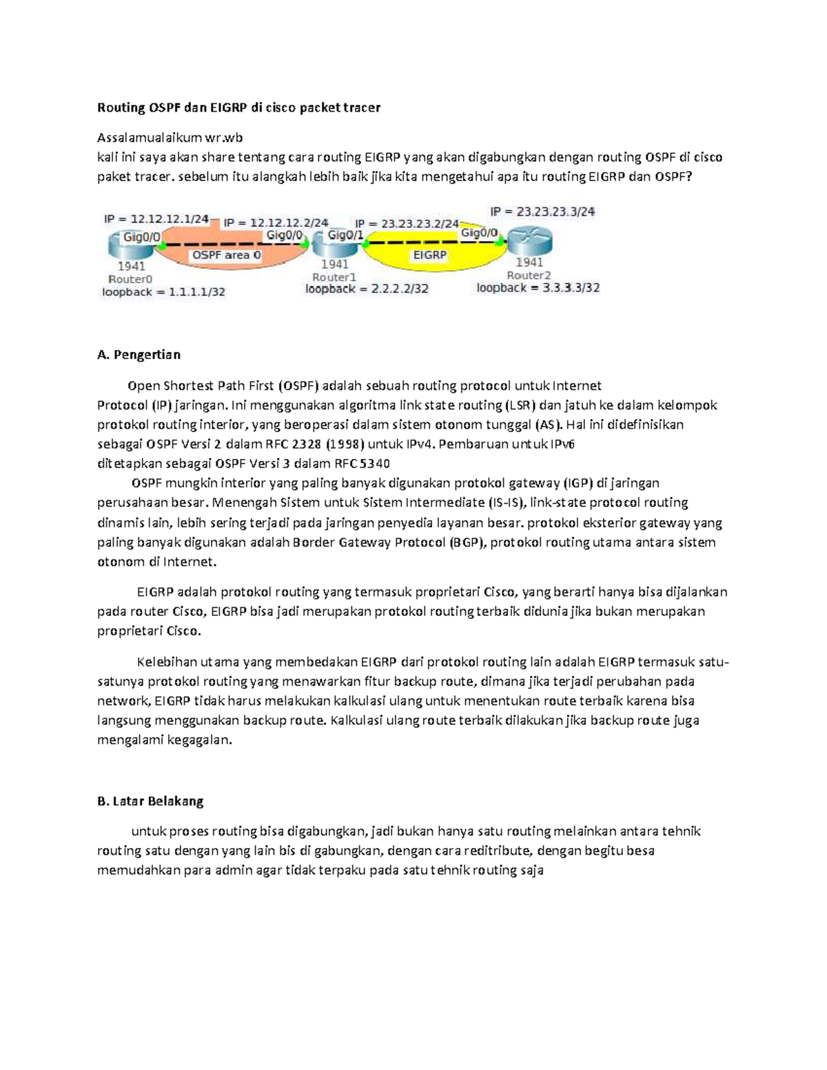Routing OSPF - Eigrp - Praktek redistribute - Routing OSPF dan EIGRP di cisco packet tracer ...