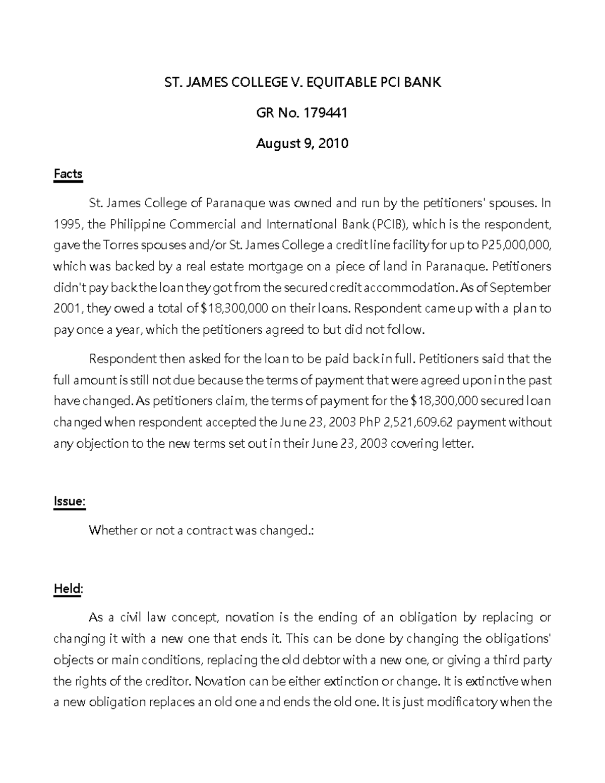 Case Digest ST. James College V. Equitable PCI BANK - ST. JAMES COLLEGE ...