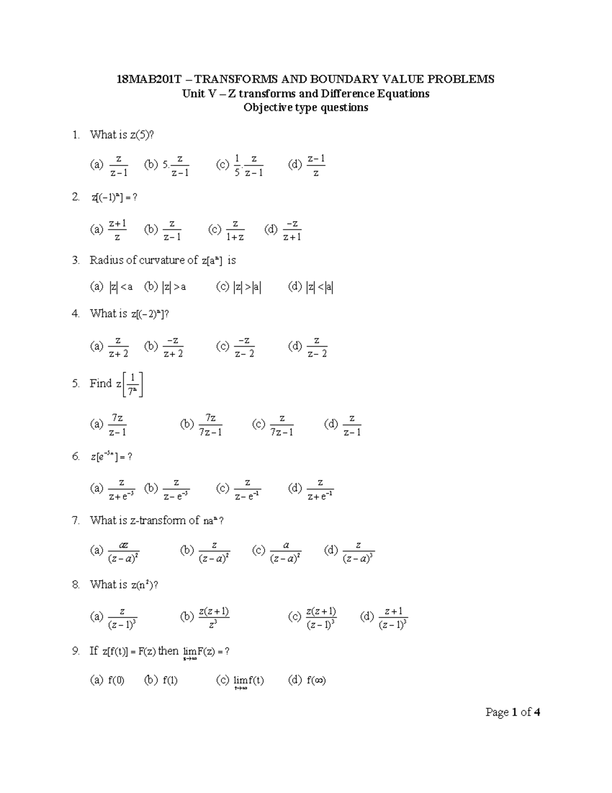 UNIT 5 Z- Transform - 18MAB201T – TRANSFORMS AND BOUNDARY VALUE ...
