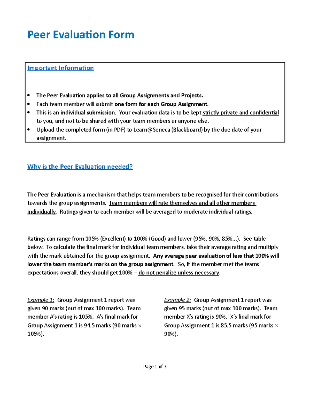 HRA 701 - Peer Evaluation Form - Peer Evaluation Form Important ...