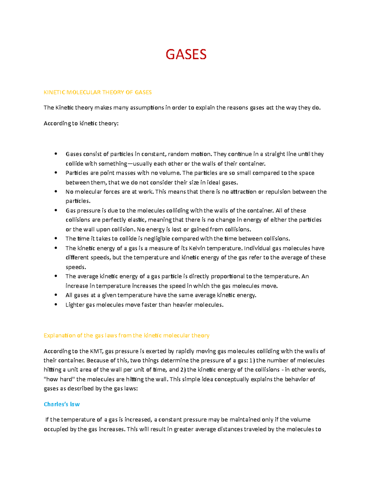 Gases-WPS Office - Notes - GASES KINETIC MOLECULAR THEORY OF GASES The ...