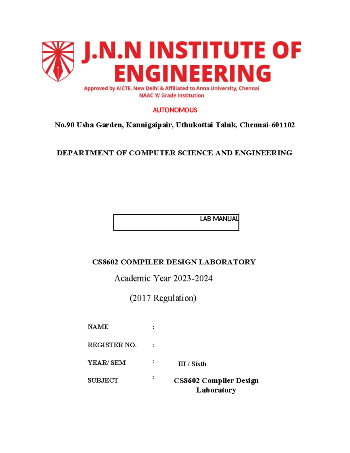 Cs8602 lab manual - AUTONOMOUS No Usha Garden, Kannigaipair, Uthukottai ...