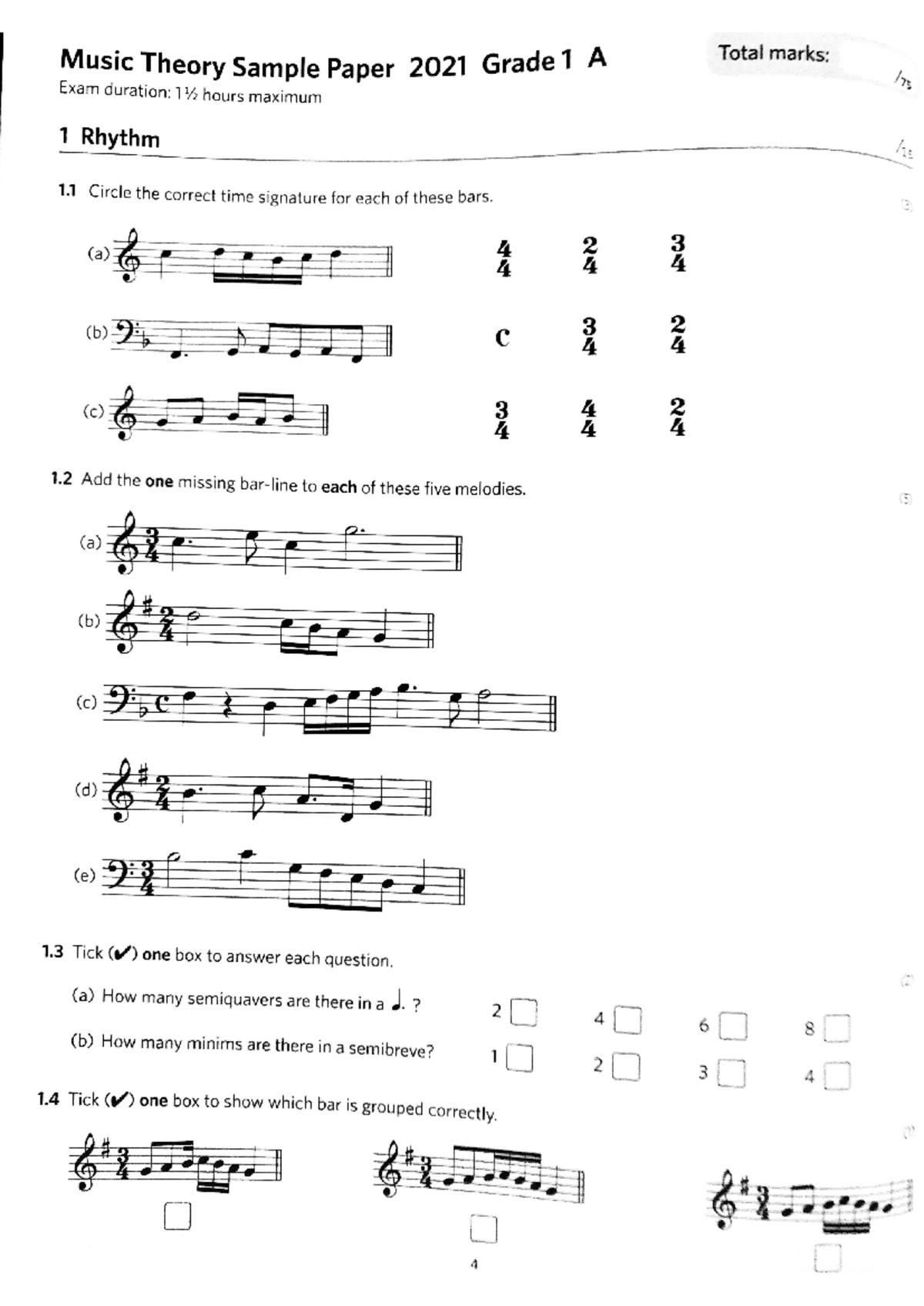 MATHEMATICS FOR YEAR 1 - Music Theory Sample Paper 2021 Grade 1 A Total ...