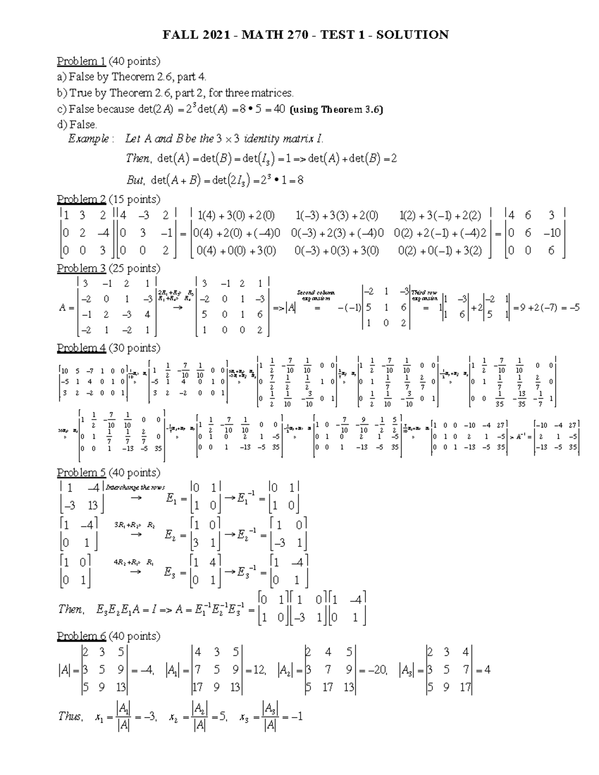 Math 270-Fall 2021-Test 1-Solution - FALL 2021 - MATH 270 - TEST 1 ...