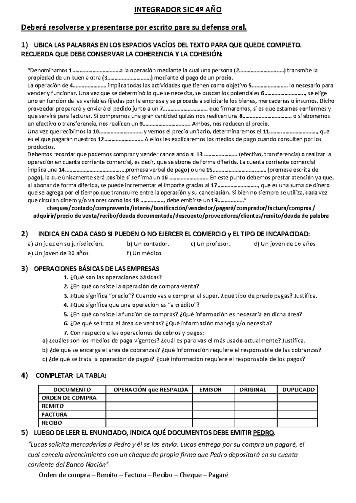 CC2024 - SIC - 4ºaño - modelo - INTEGRADOR SIC 4º AÑO Deberá resolverse y presentarse por ...