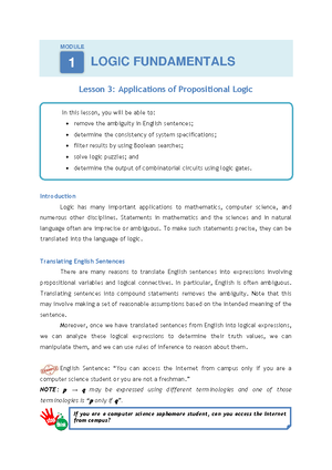 Module 1 Lesson 1 - Lesson 1: Propositional Logic Introduction Logic is the science of reasoning ...