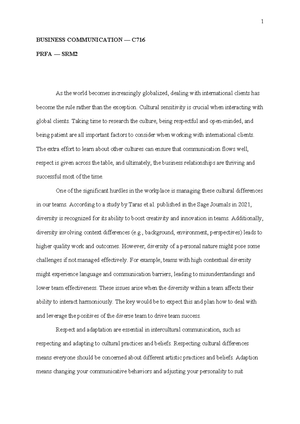 SRM2 TASK 1 Cultural Sensitivity Essay - BUSINESS COMMUNICATION — C ...