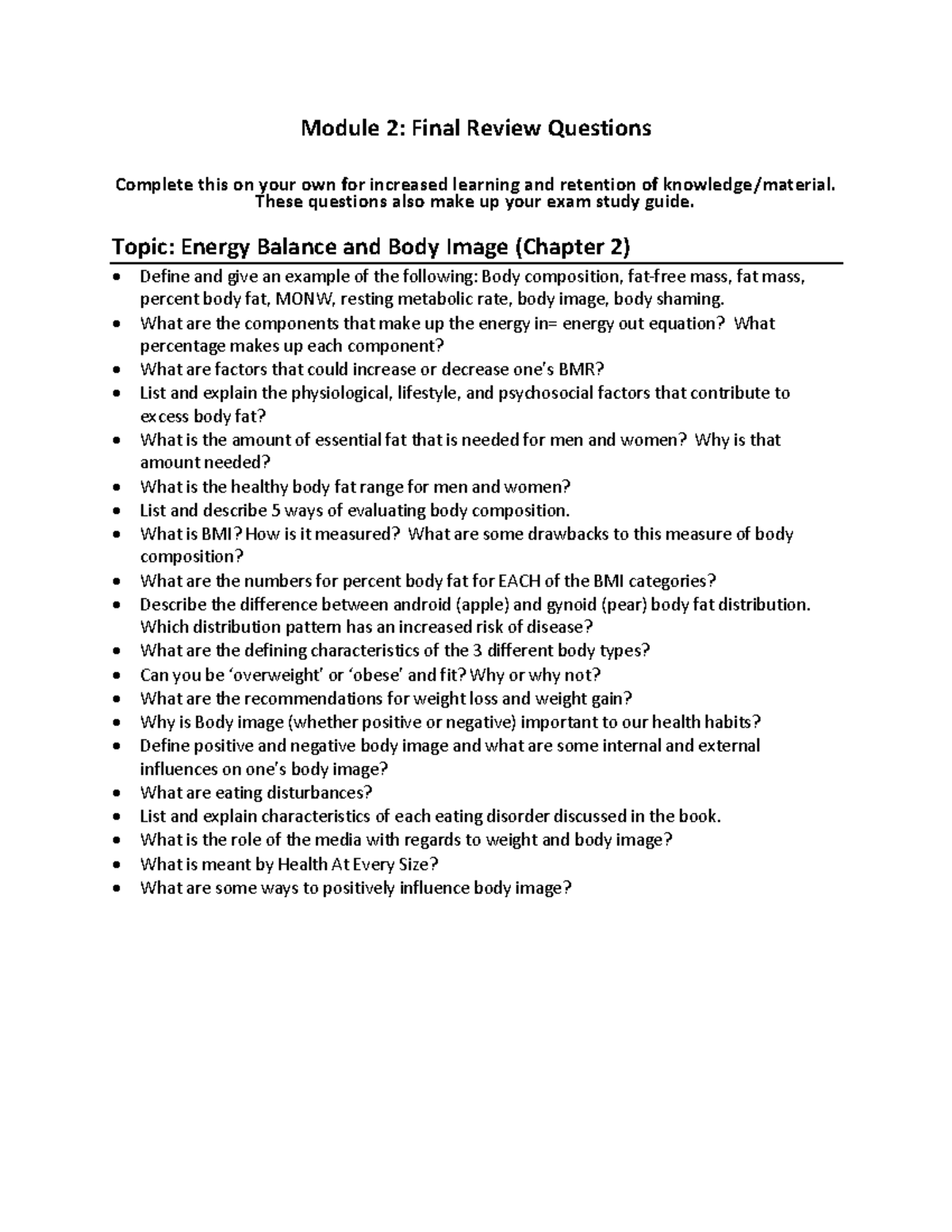 Module 2 Exam Study Guide Energy Balance and Body Image - Module 2 ...