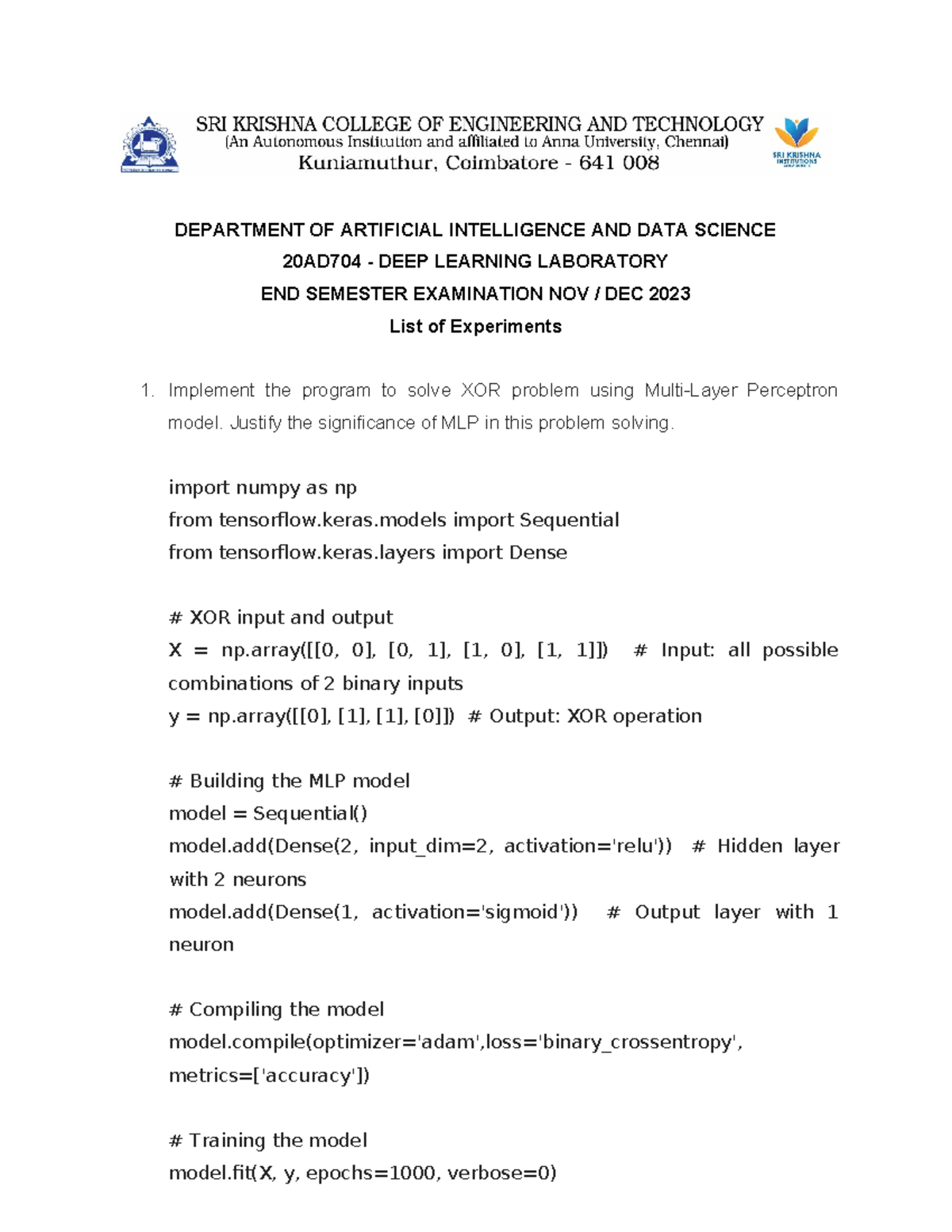 Lab Exam List of Experiments - DEPARTMENT OF ARTIFICIAL INTELLIGENCE ...