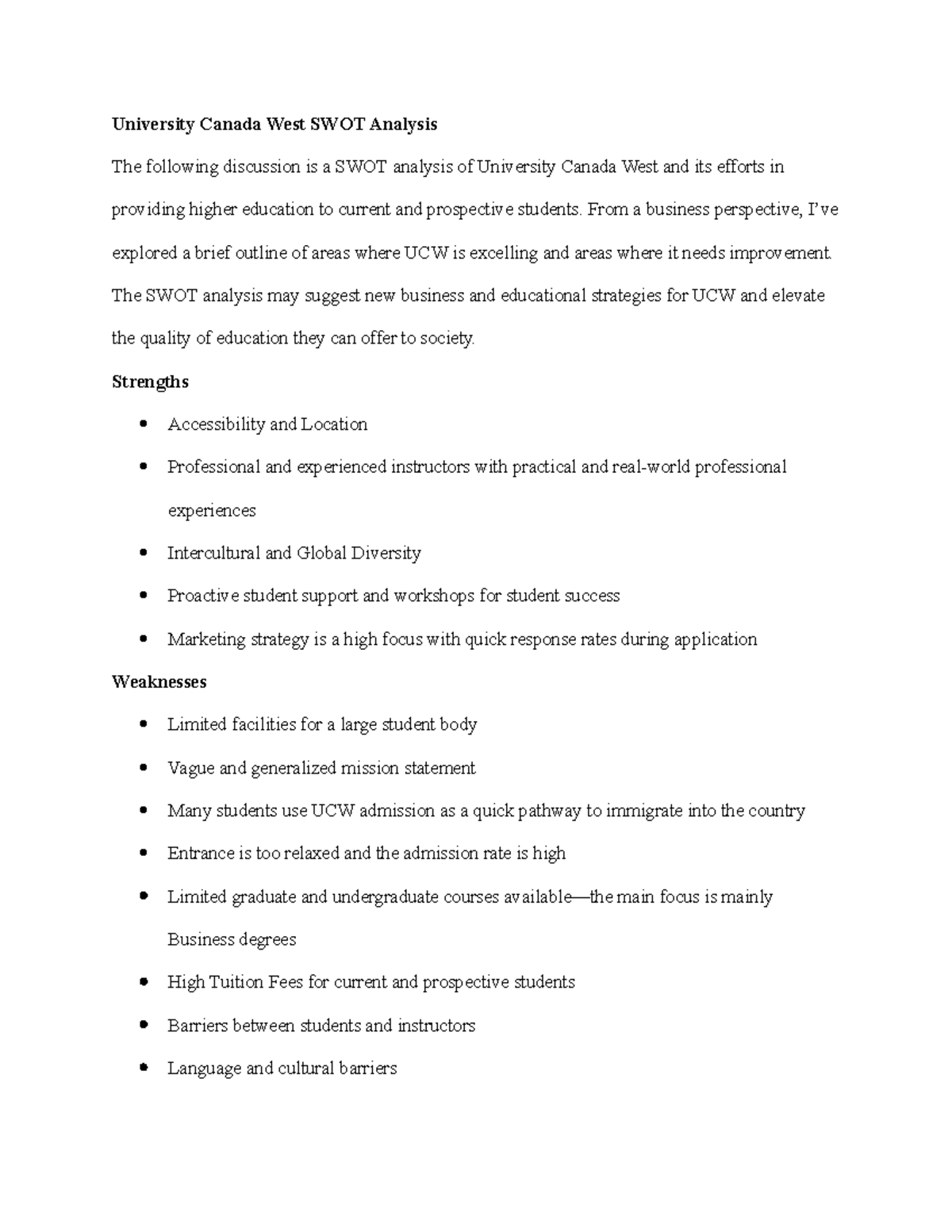 UCW SWOT Analysis - University Canada West SWOT Analysis The following ...