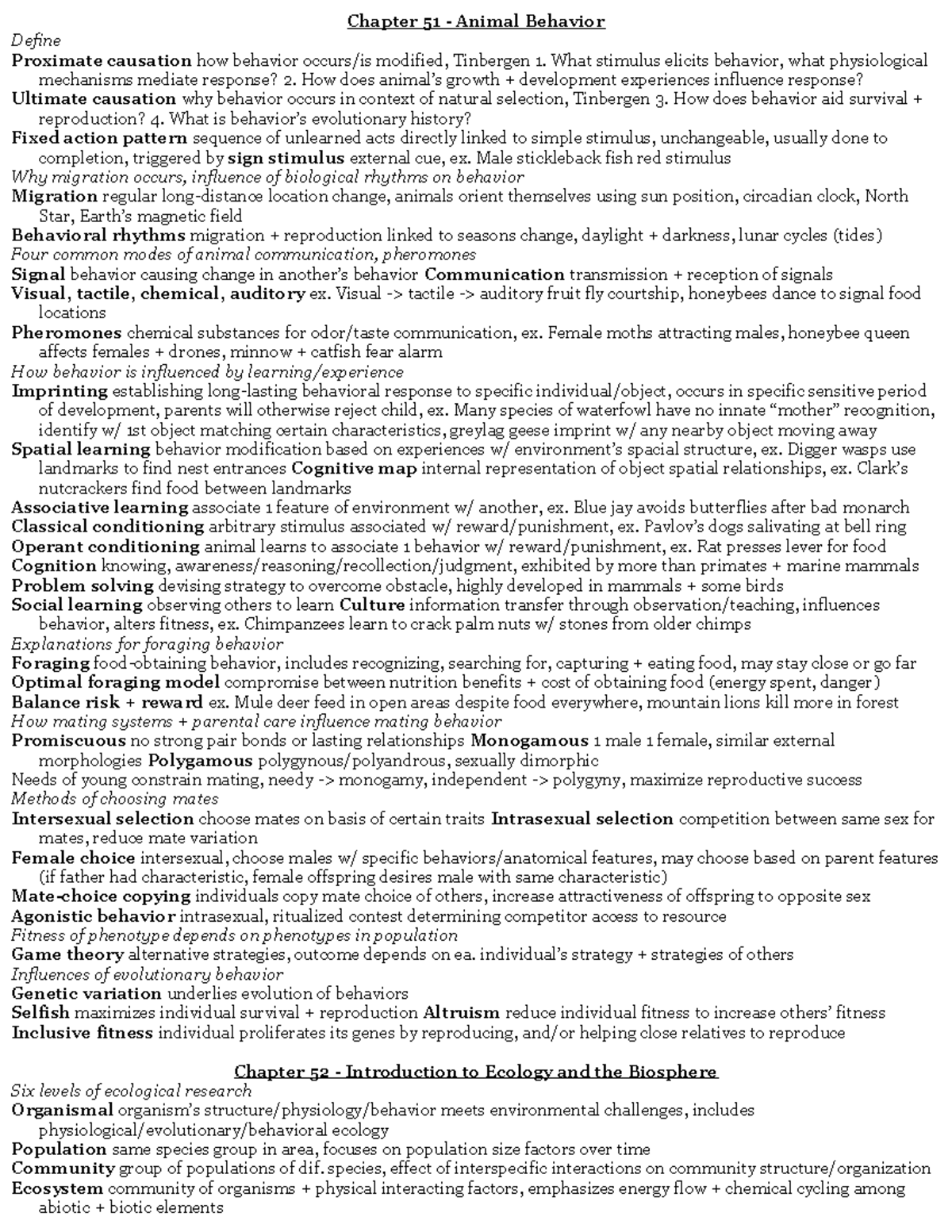 Bio-182 Exam 4 Study Guide - Chapter 51 - Animal Behavior Define ...