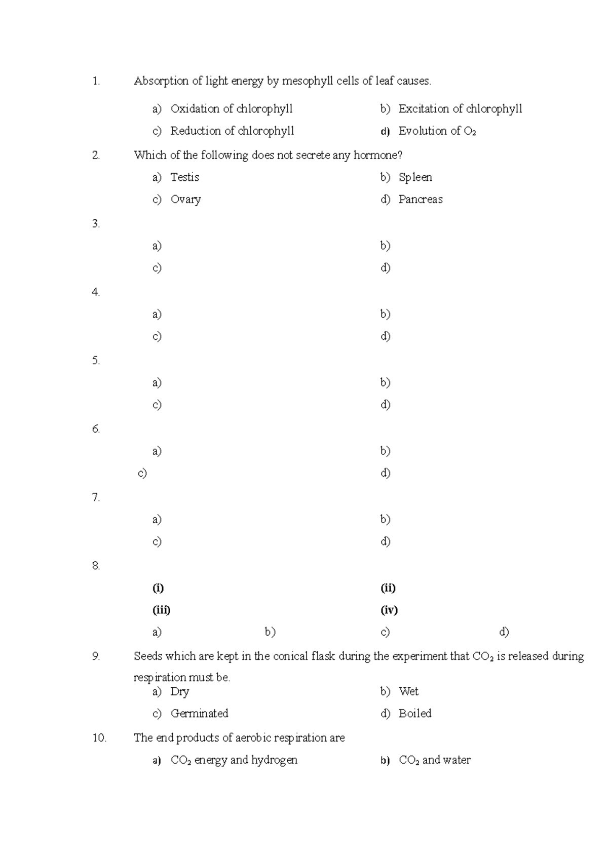MCQs Class Xth bio - SCIENCE - Absorption of light energy by mesophyll ...