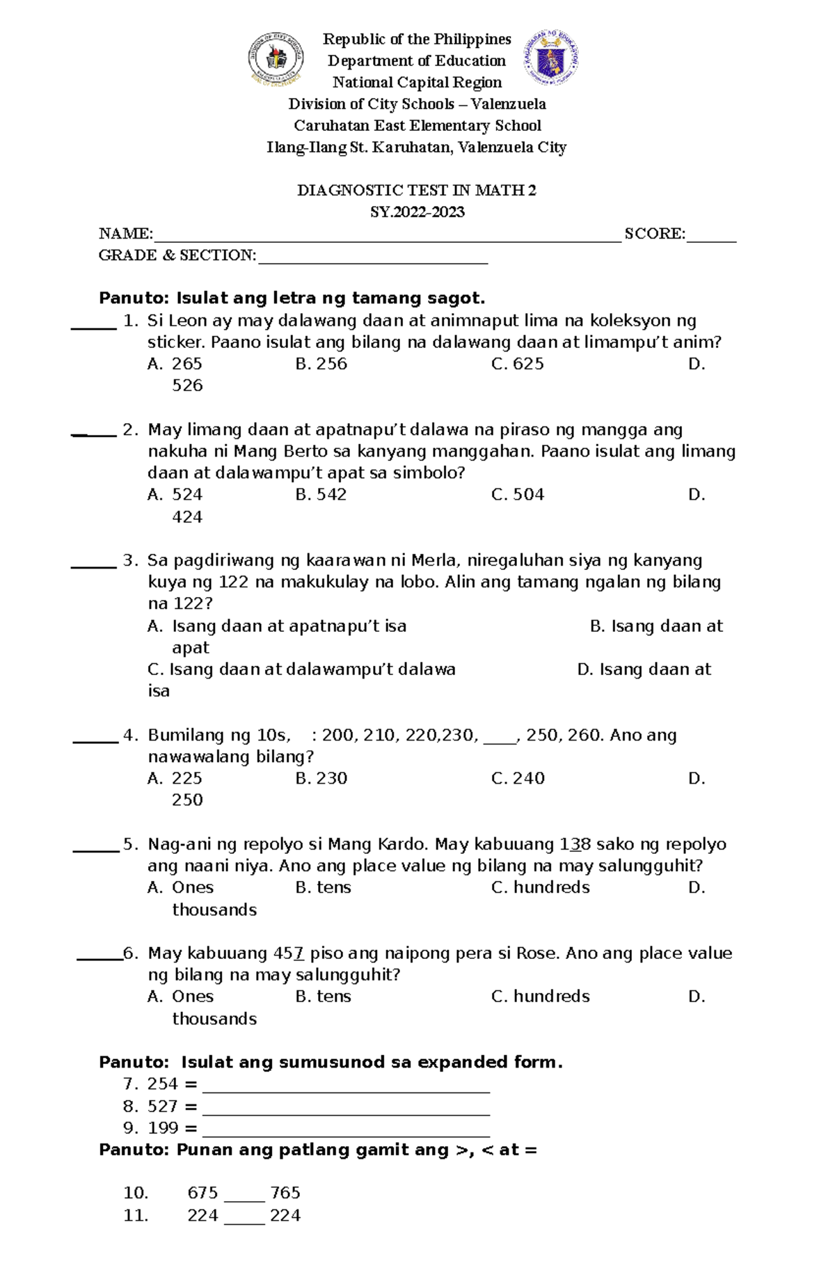 MATH Diagnostic Test WITH TOS 2021 - Republic of the Philippines ...